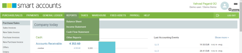 SmartAccounts menu items overview - SmartAccounts