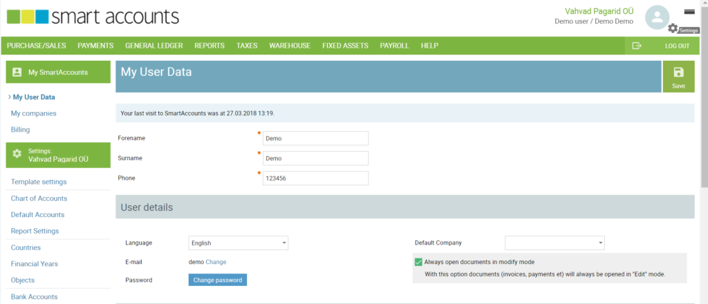 SmartAccounts menu items overview - SmartAccounts