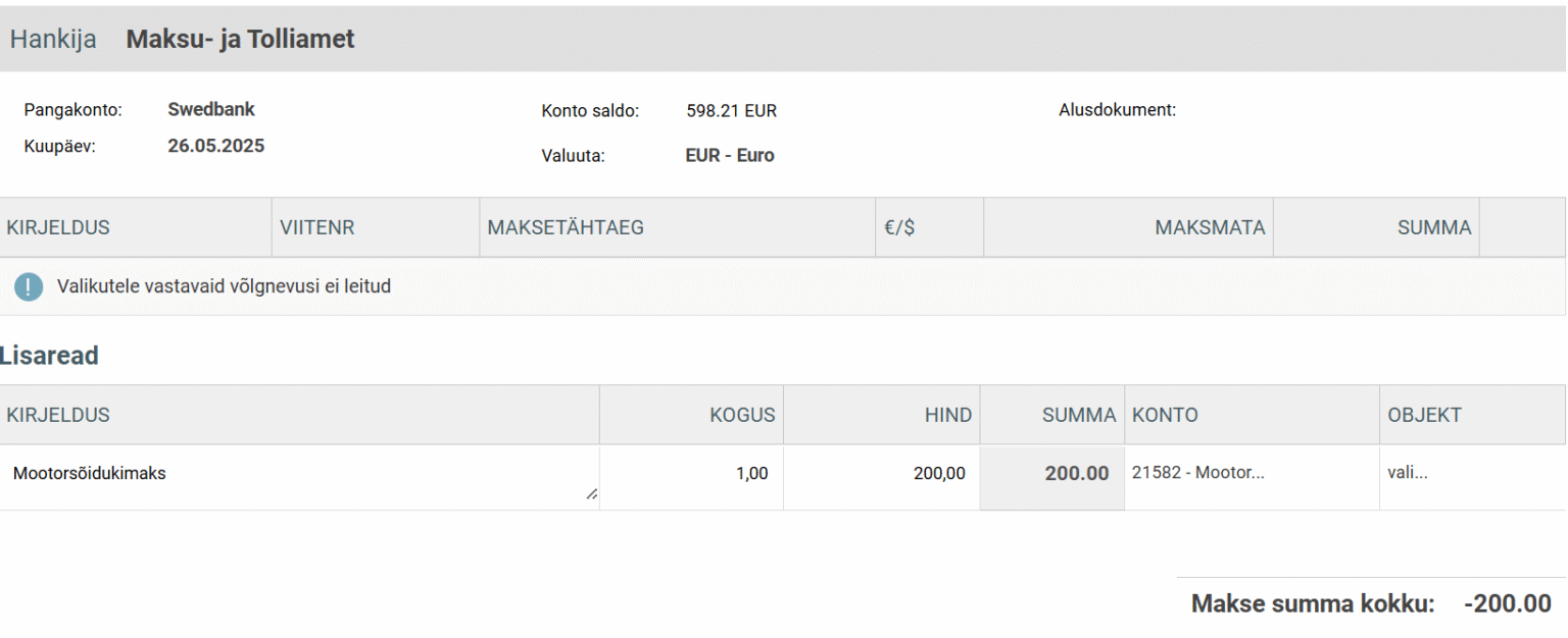Automaksu kajastamine SmartAccountsis - SmartAccounts